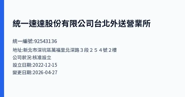 統一速達股份有限公司台北外送營業所的照片-統編 92543136(新北市) 公司登記資料與營業項目詳細圖表