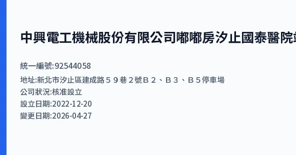 中興電工機械股份有限公司嘟嘟房汐止國泰醫院站的照片-統編 92544058(新北市) 公司登記資料與營業項目詳細圖表