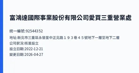 富鴻達國際事業股份有限公司愛買三重營業處的照片-統編 92544352(新北市) 公司登記資料與營業項目詳細圖表