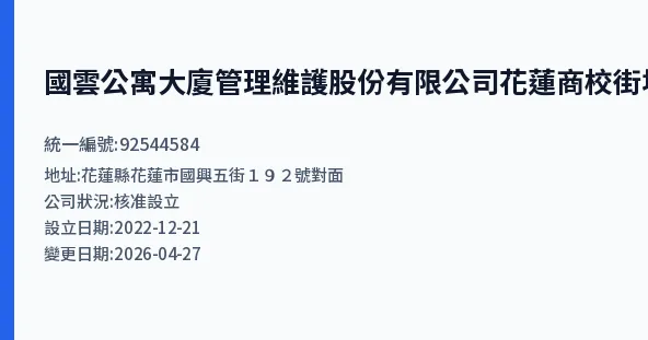 國雲公寓大廈管理維護股份有限公司花蓮商校街場的照片-統編 92544584(花蓮縣) 公司登記資料與營業項目詳細圖表