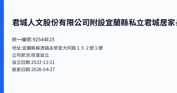 君城人文股份有限公司附設宜蘭縣私立君城居家長照機構的照片-統編 92544825(宜蘭縣) 公司登記資料與營業項目詳細圖表