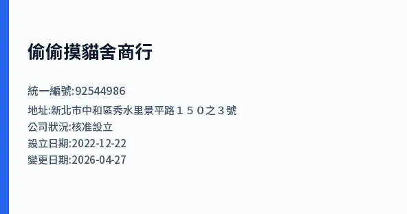 偷偷摸貓舍商行的照片-統編 92544986(新北市) 公司登記資料與營業項目詳細圖表
