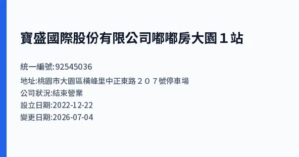 寶盛國際股份有限公司嘟嘟房大園1站的照片-統編 92545036(桃園市) 公司登記資料與營業項目詳細圖表
