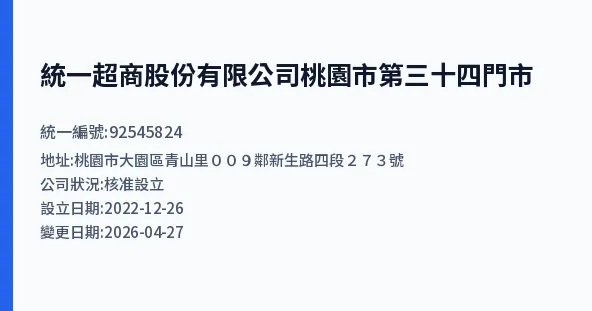 統一超商股份有限公司桃園市第三十四門市的照片-統編 92545824(桃園市) 公司登記資料與營業項目詳細圖表