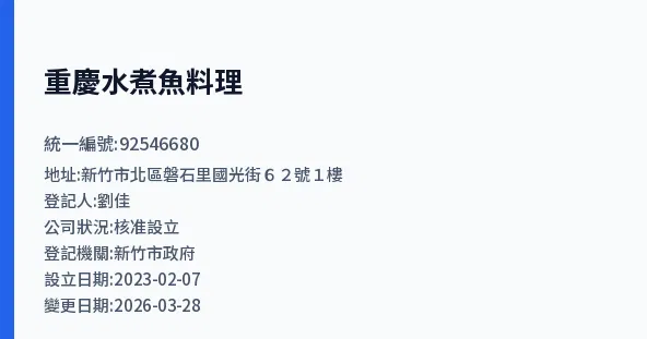 重慶水煮魚料理的照片-統編 92546680(新竹市) 公司登記資料與營業項目詳細圖表