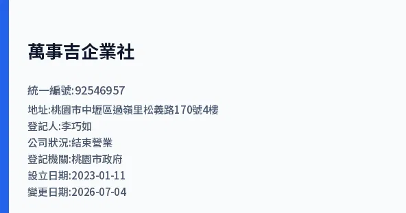 萬事吉企業社的照片-統編 92546957(桃園市) 公司登記資料與營業項目詳細圖表