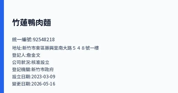 竹蓮鴨肉麵的照片-統編 92548218(新竹市) 公司登記資料與營業項目詳細圖表