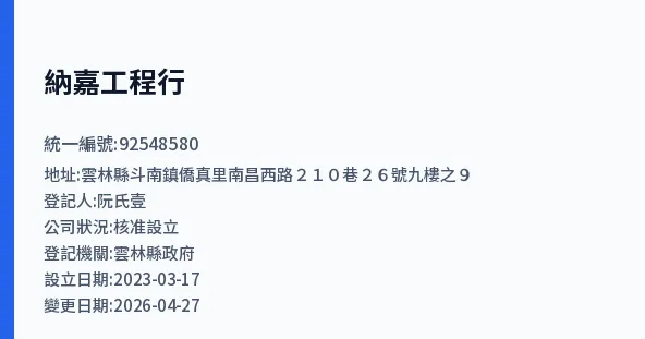 納嘉工程行的照片-統編 92548580(雲林縣) 公司登記資料與營業項目詳細圖表