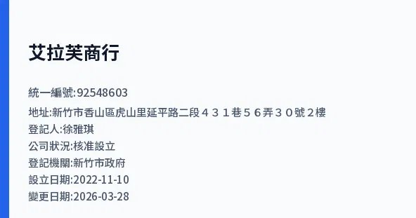 艾拉芙商行的照片-統編 92548603(新竹市) 公司登記資料與營業項目詳細圖表
