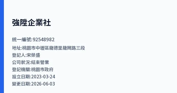強陞企業社的照片-統編 92548982(桃園市) 公司登記資料與營業項目詳細圖表