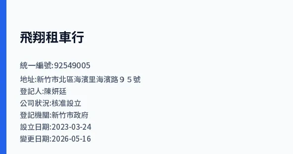 飛翔租車行的照片-統編 92549005(新竹市) 公司登記資料與營業項目詳細圖表
