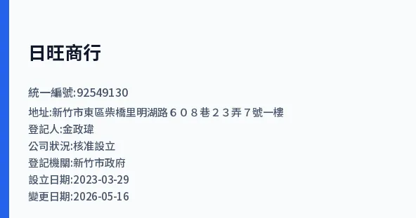 日旺商行的照片-統編 92549130(新竹市) 公司登記資料與營業項目詳細圖表