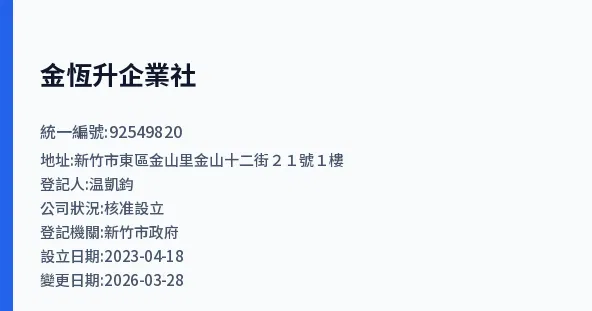 金恆升企業社的照片-統編 92549820(新竹市) 公司登記資料與營業項目詳細圖表