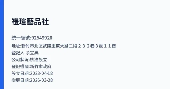 禮瑄藝品社的照片-統編 92549928(新竹市) 公司登記資料與營業項目詳細圖表