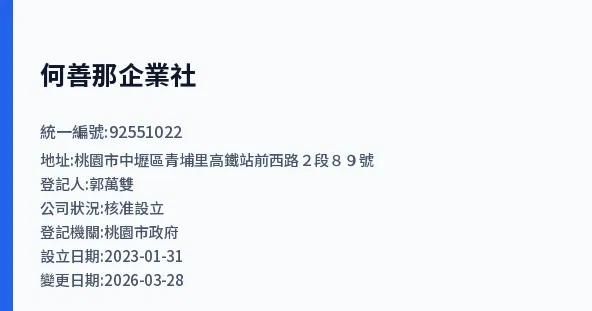 何善那企業社的照片-統編 92551022(桃園市) 公司登記資料與營業項目詳細圖表