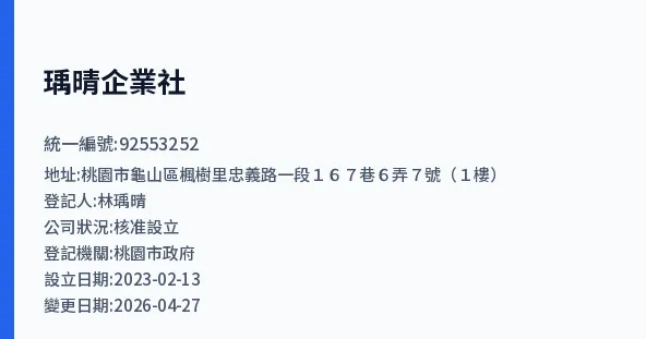 瑀晴企業社的照片-統編 92553252(桃園市) 公司登記資料與營業項目詳細圖表