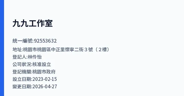九九工作室的照片-統編 92553632(桃園市) 公司登記資料與營業項目詳細圖表