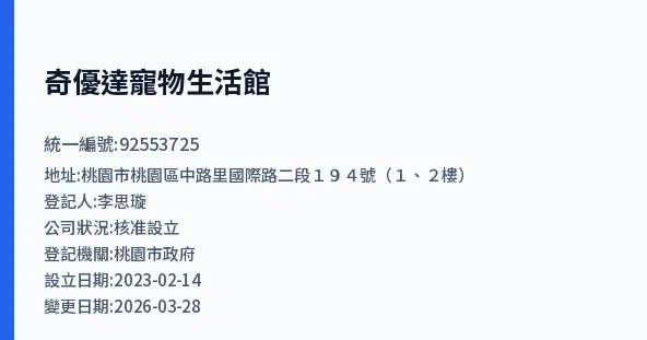 奇優達寵物生活館的照片-統編 92553725(桃園市) 公司登記資料與營業項目詳細圖表