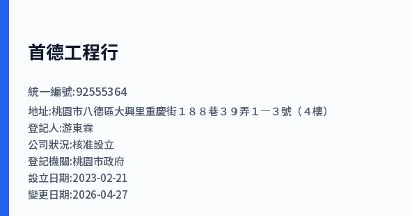 首德工程行的照片-統編 92555364(桃園市) 公司登記資料與營業項目詳細圖表
