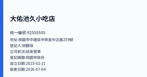 大佑池久小吃店的照片-統編 92555505(桃園市) 公司登記資料與營業項目詳細圖表