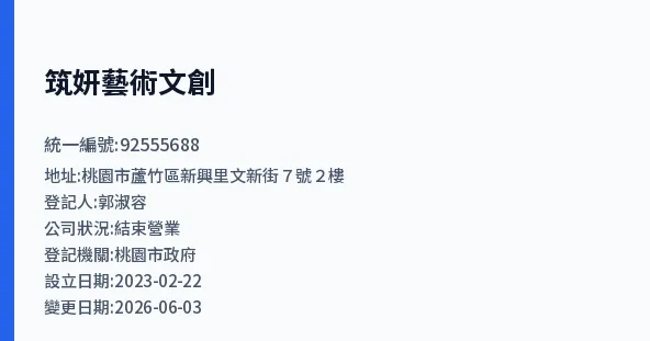 筑妍藝術文創的照片-統編 92555688(桃園市) 公司登記資料與營業項目詳細圖表
