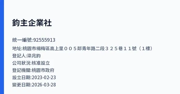 鈞主企業社的照片-統編 92555913(桃園市) 公司登記資料與營業項目詳細圖表