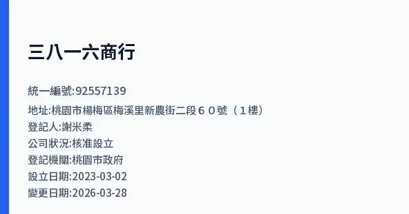 三八一六商行的照片-統編 92557139(桃園市) 公司登記資料與營業項目詳細圖表