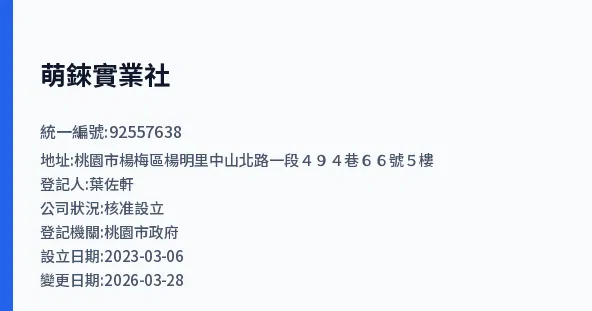 萌錸實業社的照片-統編 92557638(桃園市) 公司登記資料與營業項目詳細圖表