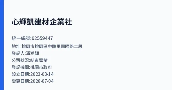 心輝凱建材企業社的照片-統編 92559447(桃園市) 公司登記資料與營業項目詳細圖表