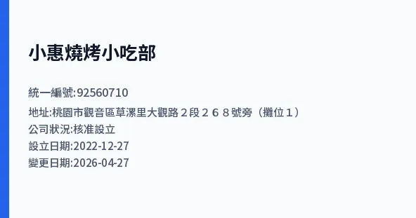 小惠燒烤小吃部的照片-統編 92560710(桃園市) 公司登記資料與營業項目詳細圖表