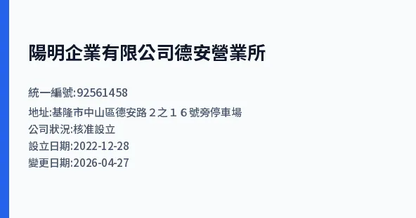 陽明企業有限公司德安營業所的照片-統編 92561458(基隆市) 公司登記資料與營業項目詳細圖表