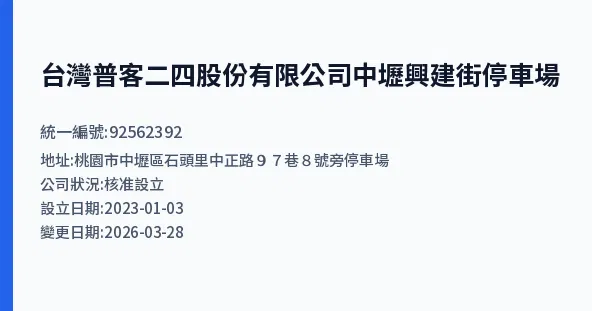 台灣普客二四股份有限公司中壢興建街停車場的照片-統編 92562392(桃園市) 公司登記資料與營業項目詳細圖表
