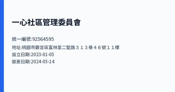 一心社區管理委員會的照片-統編 92564595(桃園市) 公司登記資料與營業項目詳細圖表
