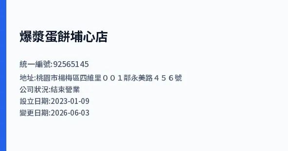 爆漿蛋餅埔心店的照片-統編 92565145(桃園市) 公司登記資料與營業項目詳細圖表