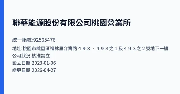 聯華能源股份有限公司桃園營業所的照片-統編 92565476(桃園市) 公司登記資料與營業項目詳細圖表