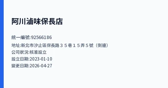 阿川滷味保長店的照片-統編 92566186(新北市) 公司登記資料與營業項目詳細圖表