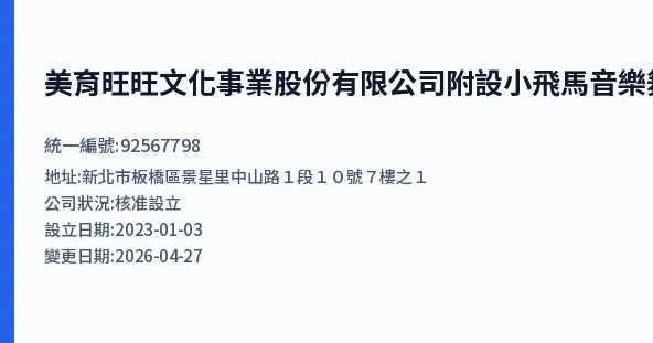 美育旺旺文化事業股份有限公司附設小飛馬音樂舞蹈技藝短期補習班的照片-統編 92567798(新北市) 公司登記資料與營業項目詳細圖表