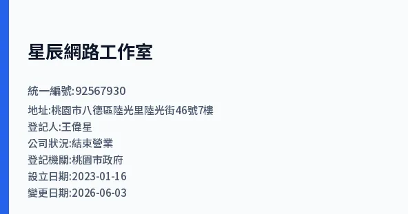 星辰網路工作室的照片-統編 92567930(桃園市) 公司登記資料與營業項目詳細圖表