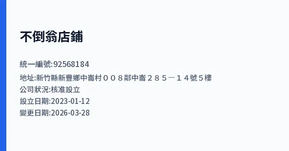不倒翁店鋪的照片-統編 92568184(新竹縣) 公司登記資料與營業項目詳細圖表