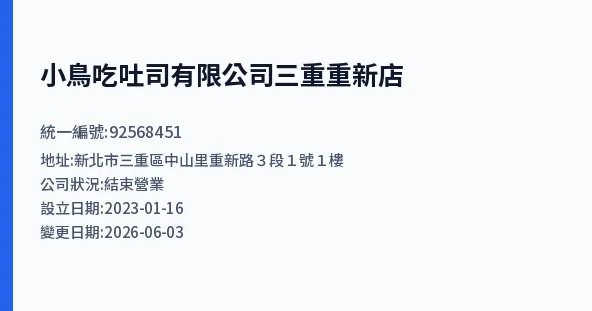 小鳥吃吐司有限公司三重重新店的照片-統編 92568451(新北市) 公司登記資料與營業項目詳細圖表