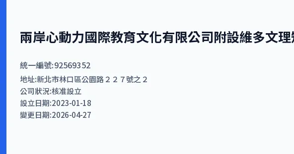 兩岸心動力國際教育文化有限公司附設維多文理短期補習班的照片-統編 92569352(新北市) 公司登記資料與營業項目詳細圖表