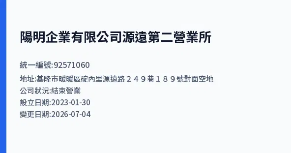 陽明企業有限公司源遠第二營業所的照片-統編 92571060(基隆市) 公司登記資料與營業項目詳細圖表