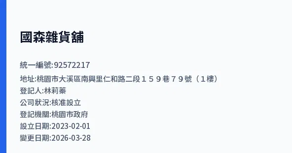 國森雜貨舖的照片-統編 92572217(桃園市) 公司登記資料與營業項目詳細圖表