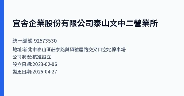 宜舍企業股份有限公司泰山文中二營業所的照片-統編 92573530(新北市) 公司登記資料與營業項目詳細圖表
