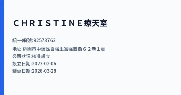 CHRISTINE療天室的照片-統編 92573763(桃園市) 公司登記資料與營業項目詳細圖表