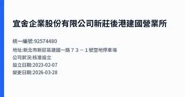 宜舍企業股份有限公司新莊後港建國營業所的照片-統編 92574480(新北市) 公司登記資料與營業項目詳細圖表