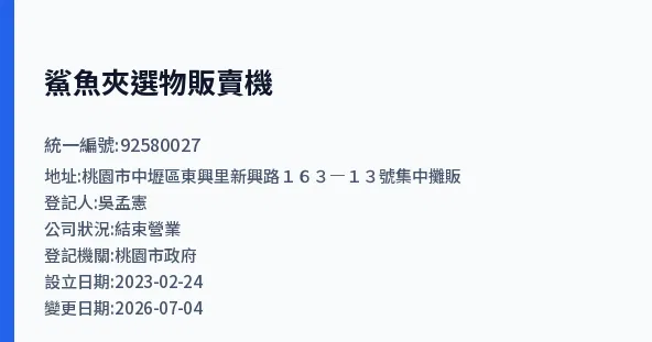 鯊魚夾選物販賣機的照片-統編 92580027(桃園市) 公司登記資料與營業項目詳細圖表