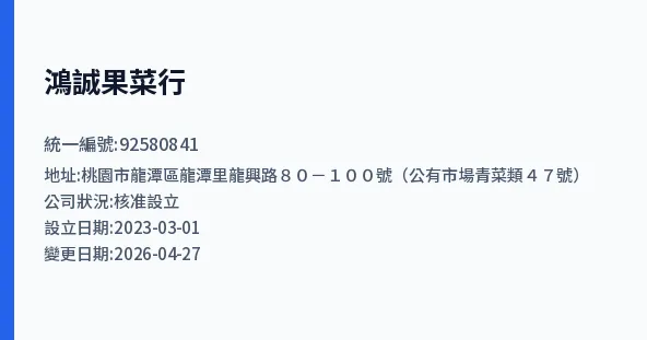 鴻誠果菜行的照片-統編 92580841(桃園市) 公司登記資料與營業項目詳細圖表