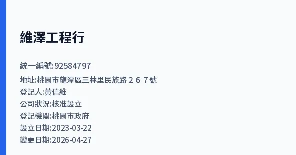 維澤工程行的照片-統編 92584797(桃園市) 公司登記資料與營業項目詳細圖表