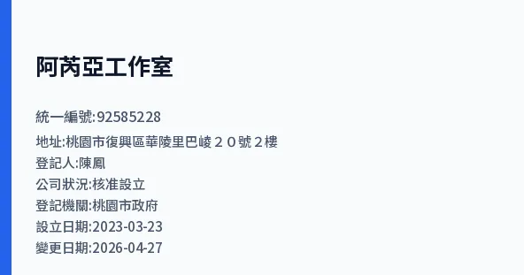 阿芮亞工作室的照片-統編 92585228(桃園市) 公司登記資料與營業項目詳細圖表
